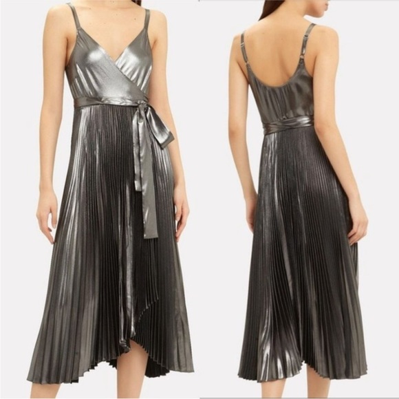 A.L.C. | Dresses | Alc Metallic Silver Kristo Pleated Wrap Midi Dress ...